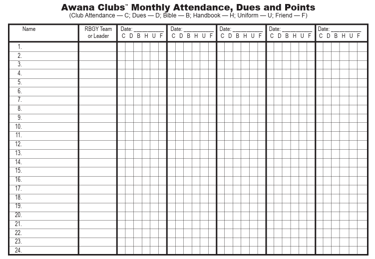 Attendance, Dues and Points Card - Awana Clubs
