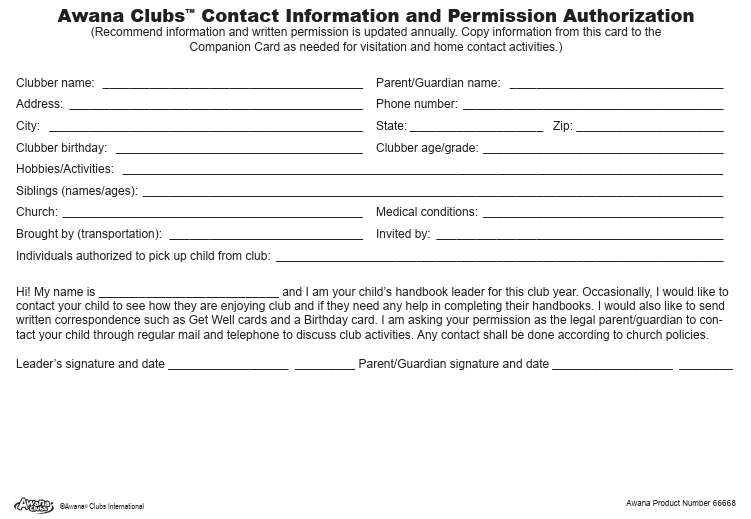 Contact Information and Permission Card - Awana Clubs