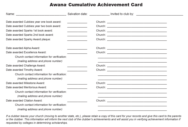 Cumulative Achievement Card - Awana Clubs
