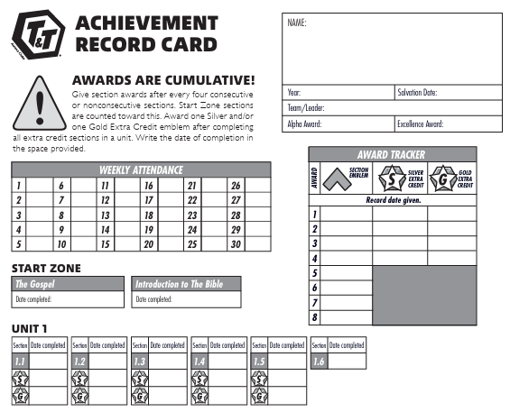 T&T Achievement Record Card - Awana Clubs