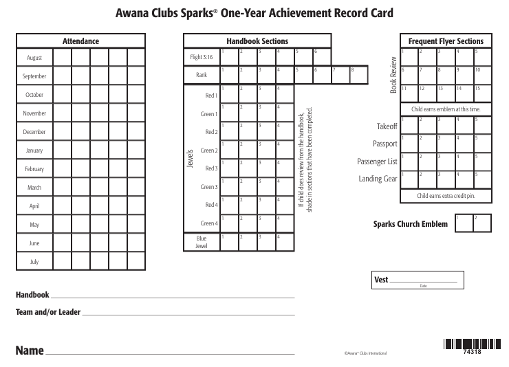 Sparks Achievement Card - Awana Clubs